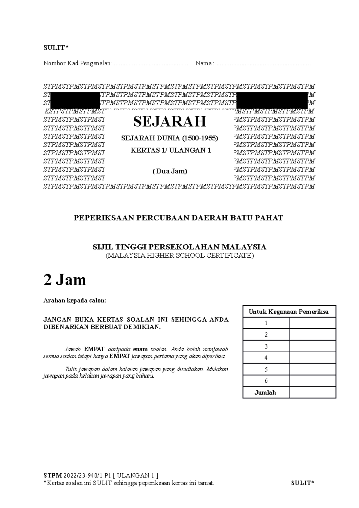 Sulit-PRA Pentafsiran Sejarah STPM 2022 - SULIT* Nombor Kad Pengenalan ...