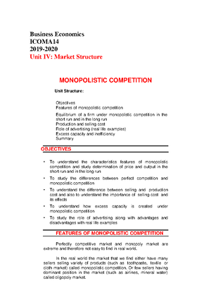 Market structure - Monopoly - Business Economics ICOMA 2019- Unit IV ...
