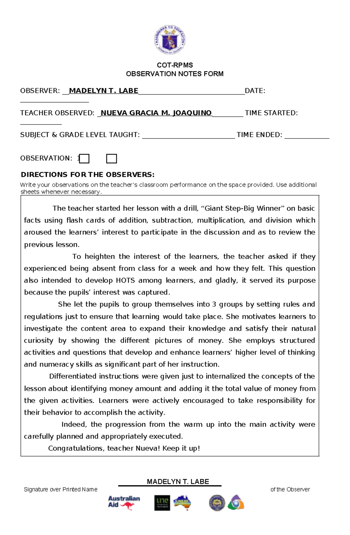 Cot observation 1 2 Quennie - COT-RPMS OBSERVATION NOTES FORM OBSERVER ...