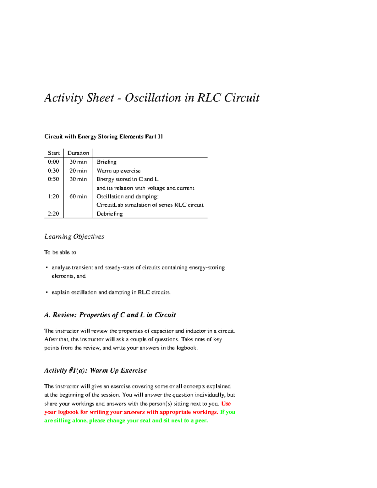 Week 8 Part 1 RLC Tut - rlc circuit - Activity Sheet - Oscillation in ...
