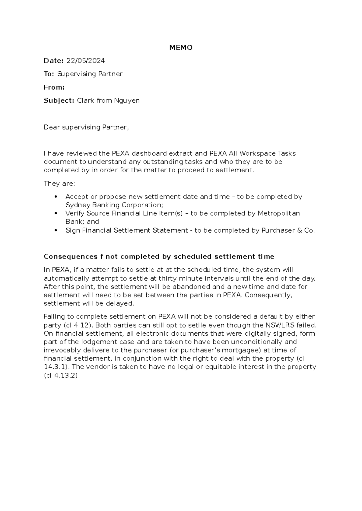 Activity 3 - Property T3 A3 - Clark Document for settlement - MEMO Date ...