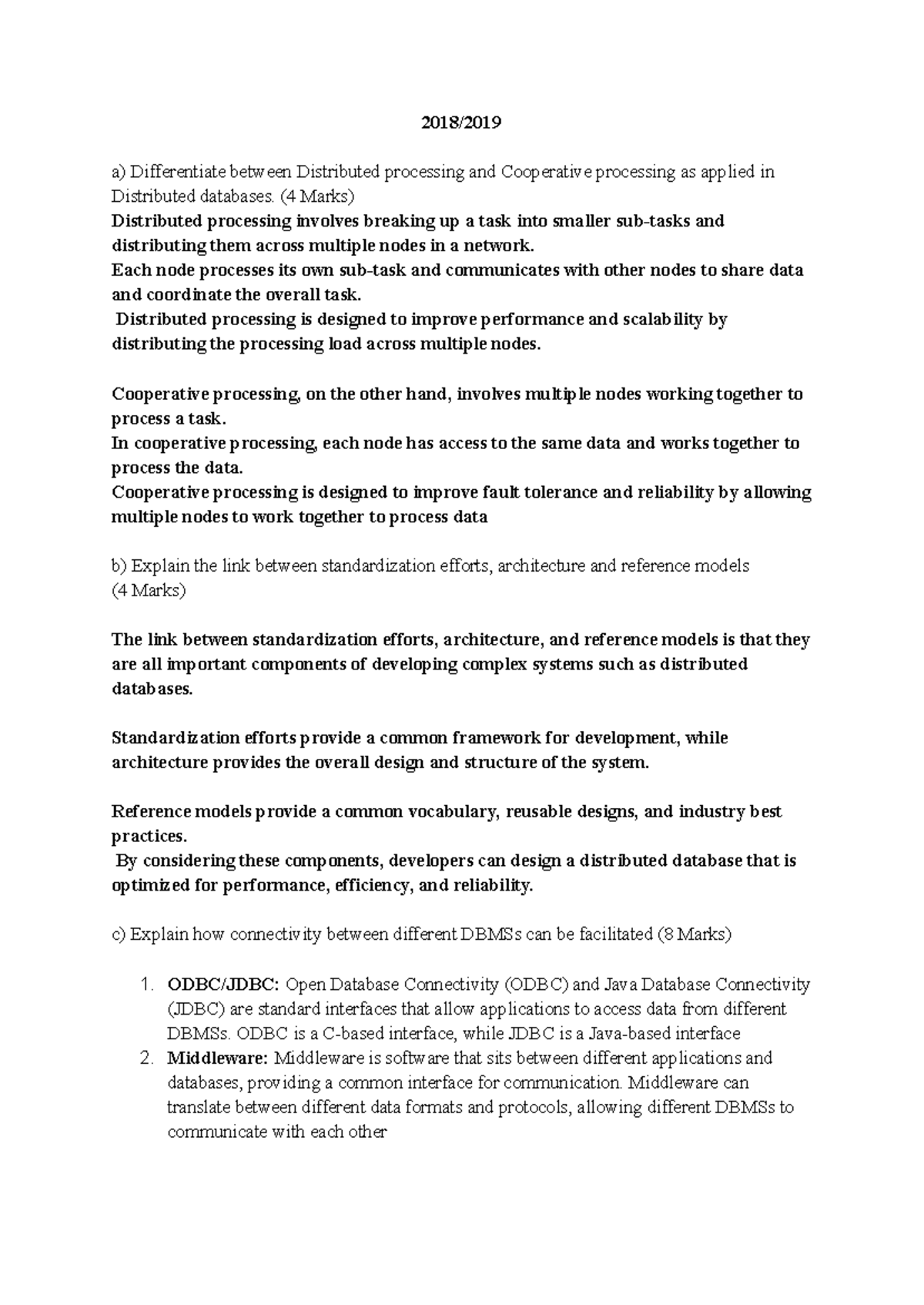 Advanced db 4 JDI - 2018/ a) Differentiate between Distributed processing and Cooperative ...