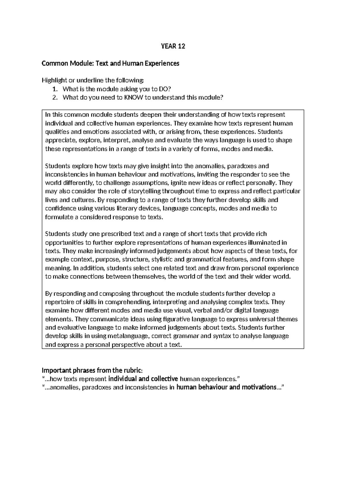 Text and Human Experiences Rubric - YEAR 12 Common Module: Text and ...