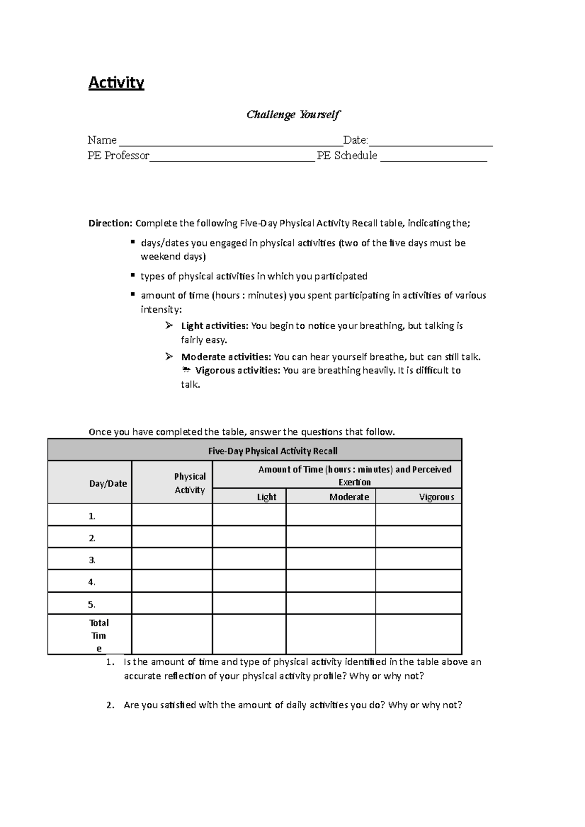 Challenge Yourself Physical Health assessment - Activity Challenge ...