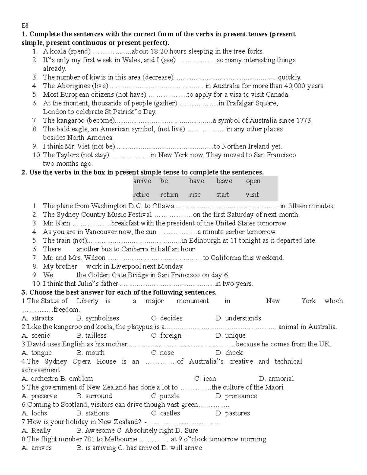 UNIT 8 For Grade 8 Complete The Sentences With The Correct Form Of