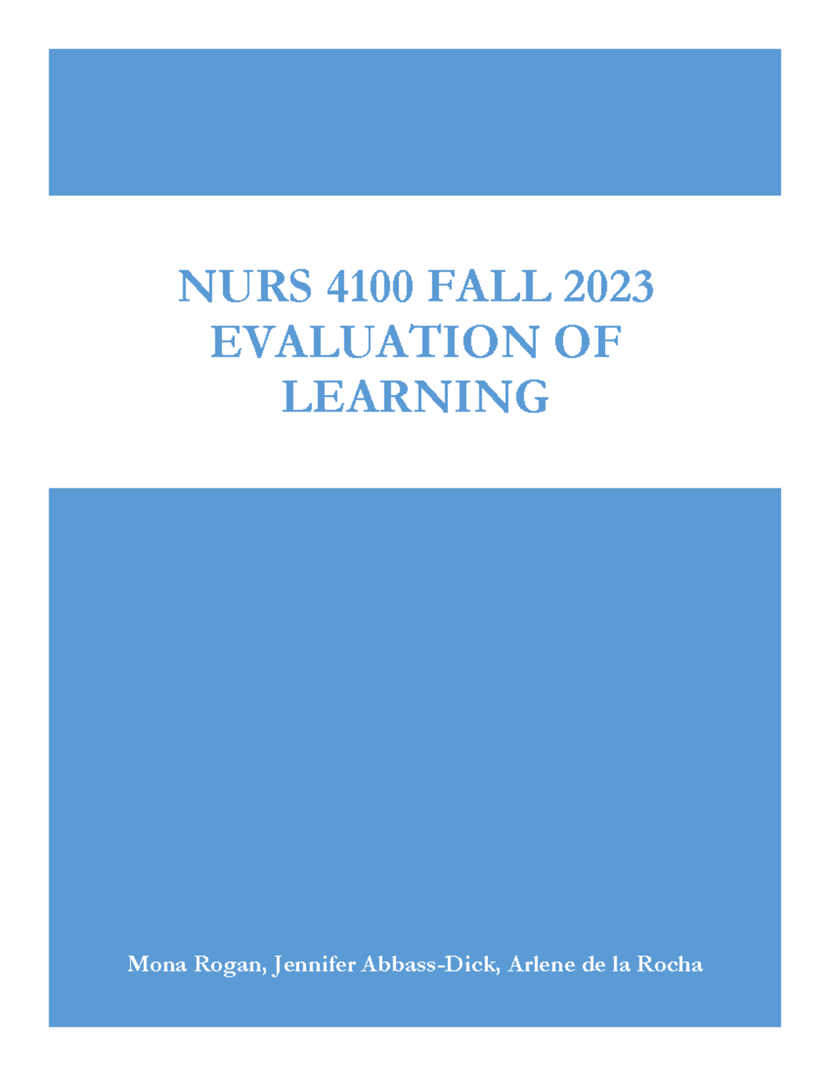 NURS 4100 Fall 2023 Evaluation of Learning - Mona Rogan, Jennifer ...