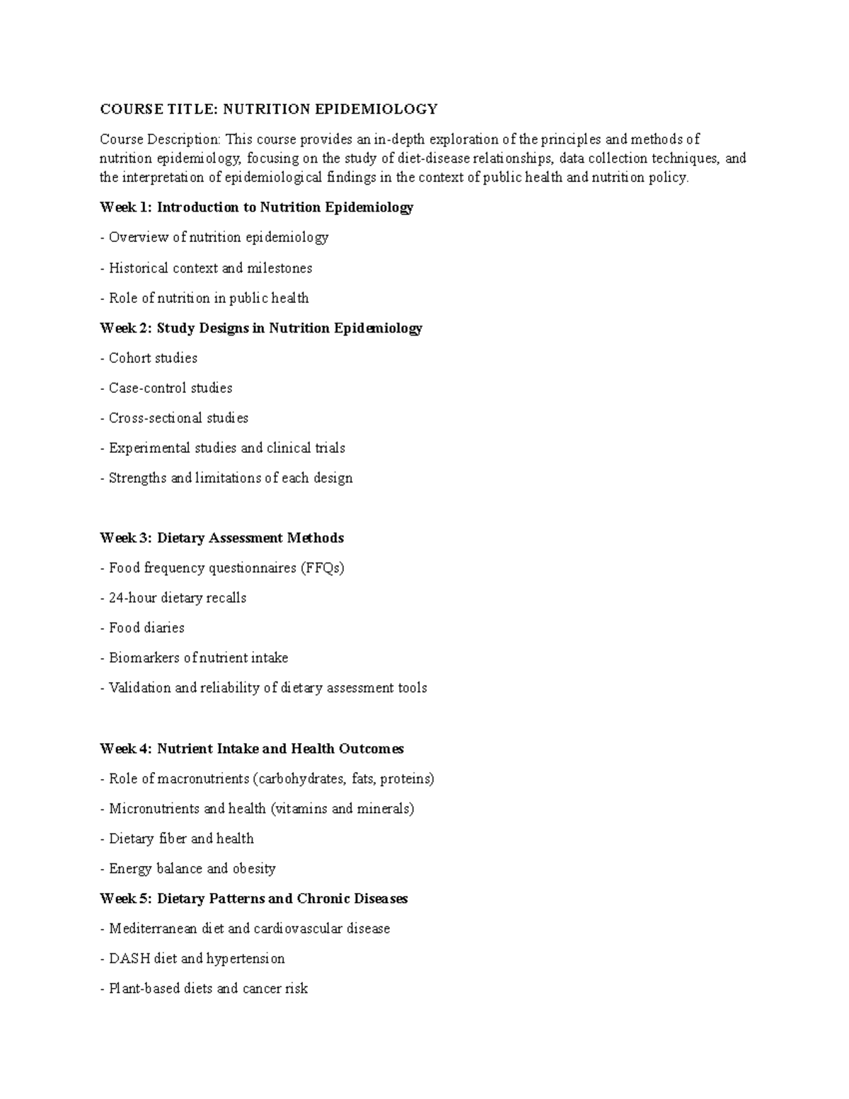 Course Outline Nutrition Epidemiology - COURSE TITLE: NUTRITION ...