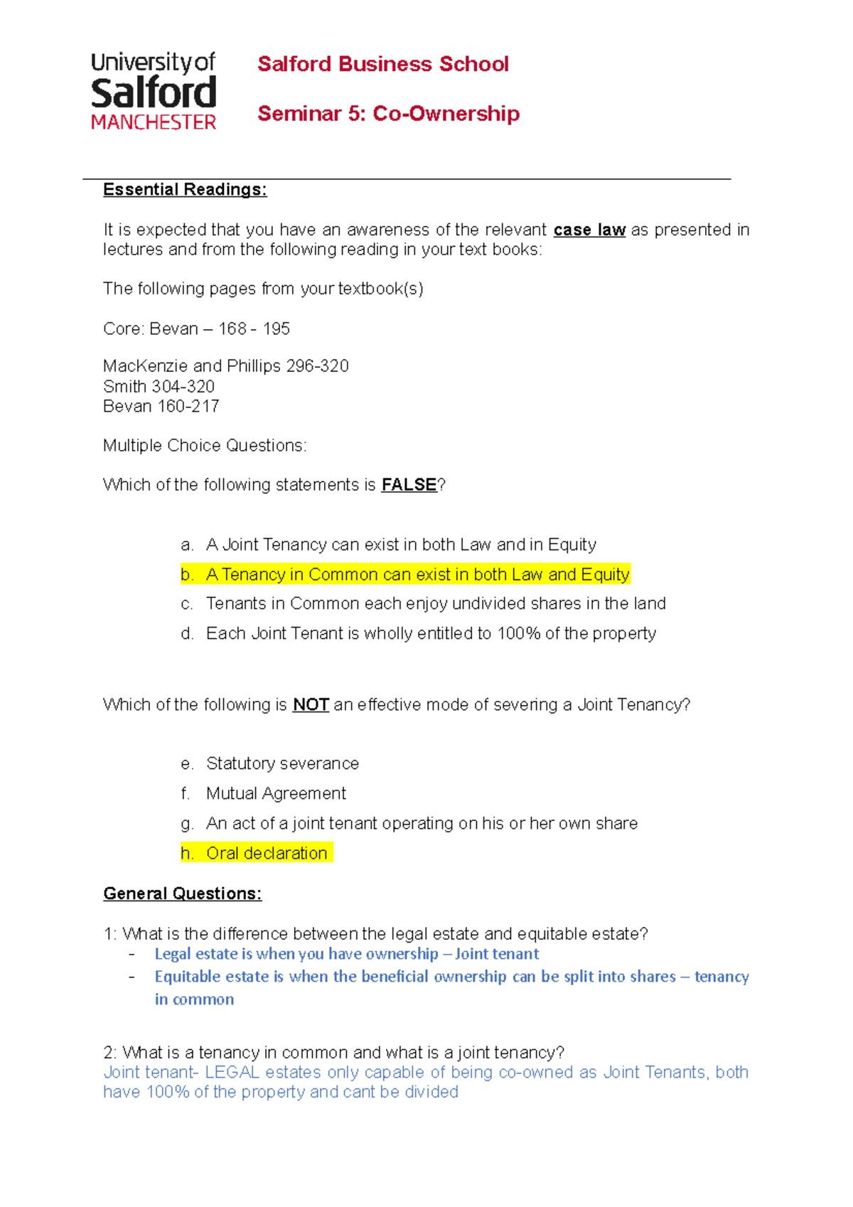 Seminar 5 - Co-ownership - Essential Readings: It is expected that you ...