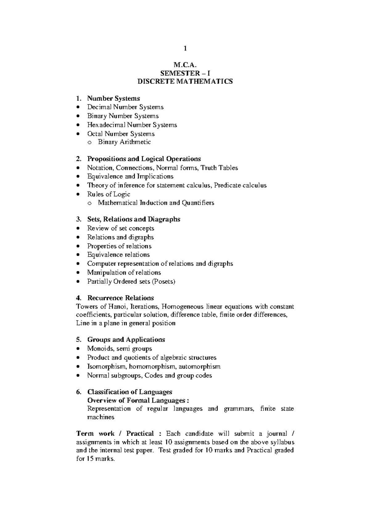 Microsoft Word - syllabus - M.C. SEMESTER – I DISCRETE MATHEMATICS ...