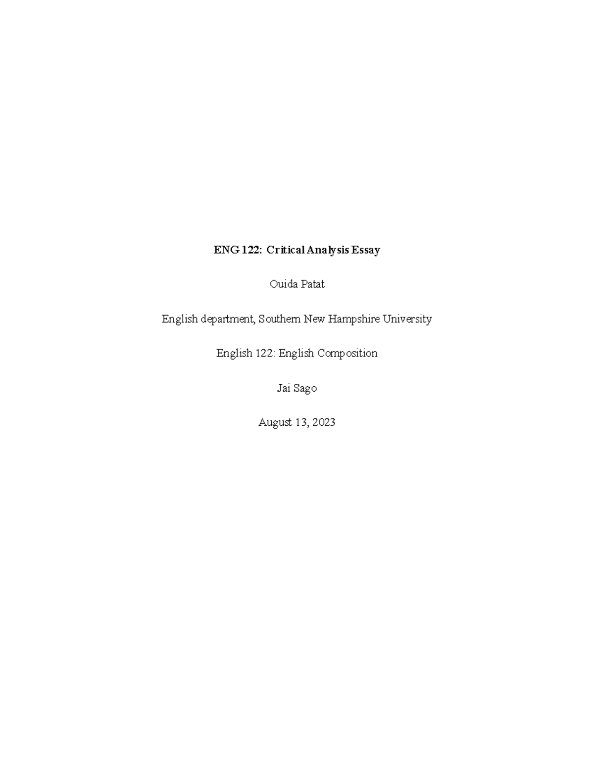 ENG 122 Critical Analysis Essay - ENG 122: Critical Analysis Essay ...