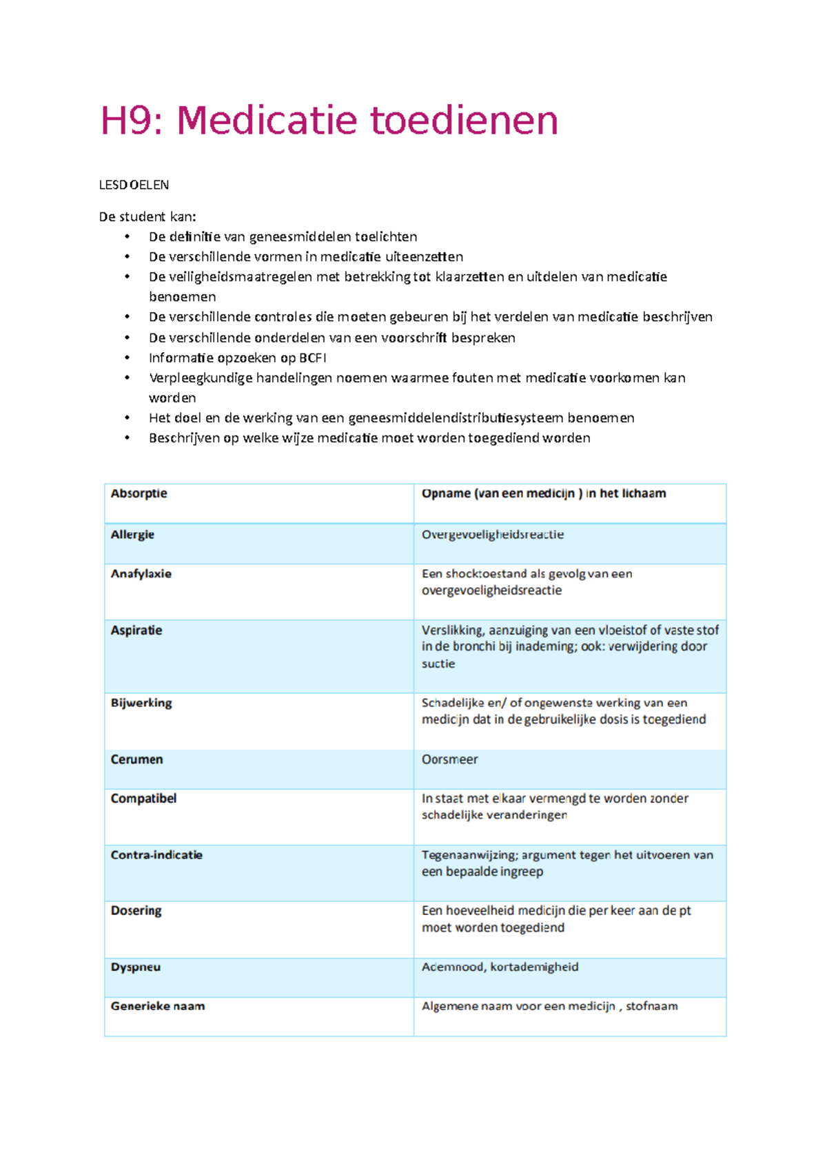 Medicatie toedienen VPK1 - H9: Medicatie toedienen LESDOELEN De student ...