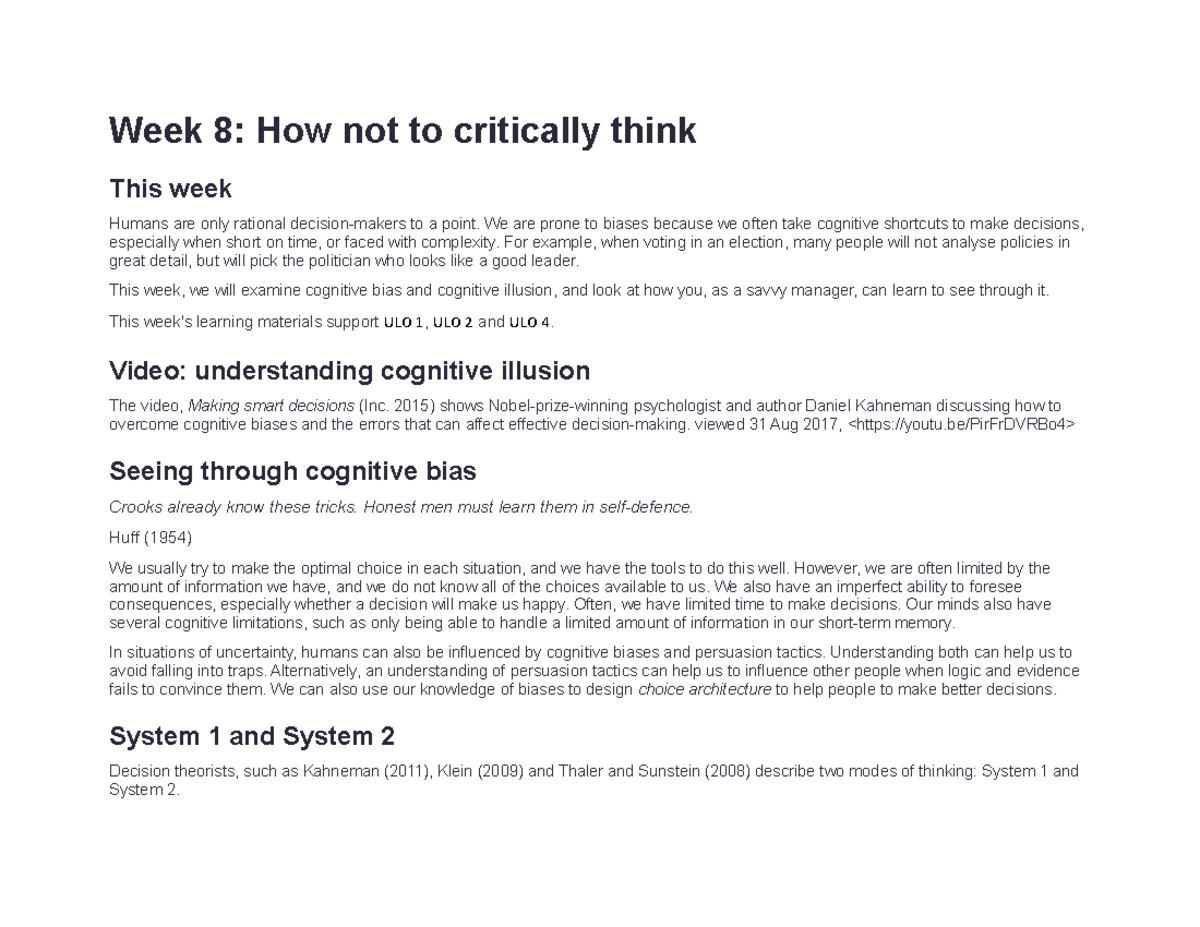 Week 8 How not to critically think - Week 8: How not to critically ...
