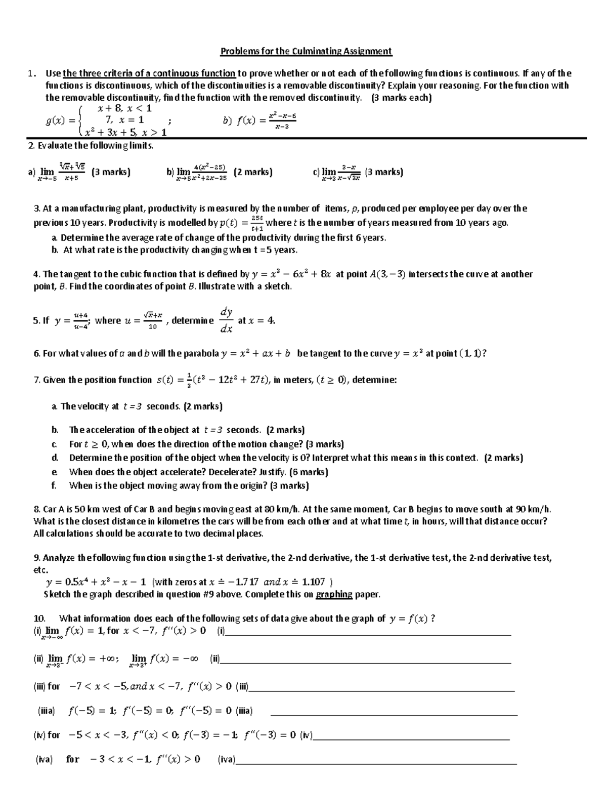 review of grade 12 - Problems for the Culminating Assignment 1. Use the ...