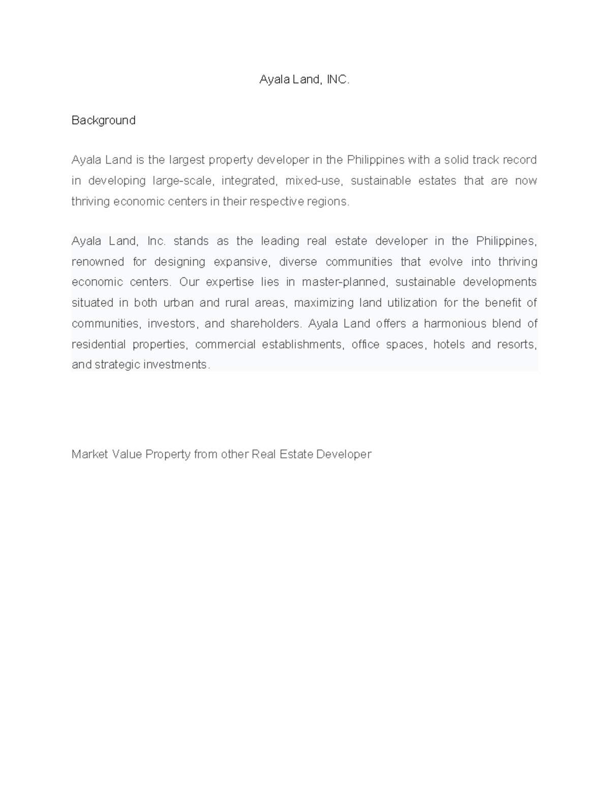 Untitled document - good for acads - Ayala Land, INC. Background Ayala ...