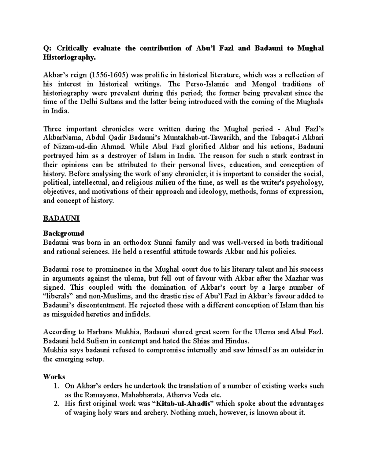 Abul Fazl and Badauni - Notes - Q: Critically evaluate the contribution ...