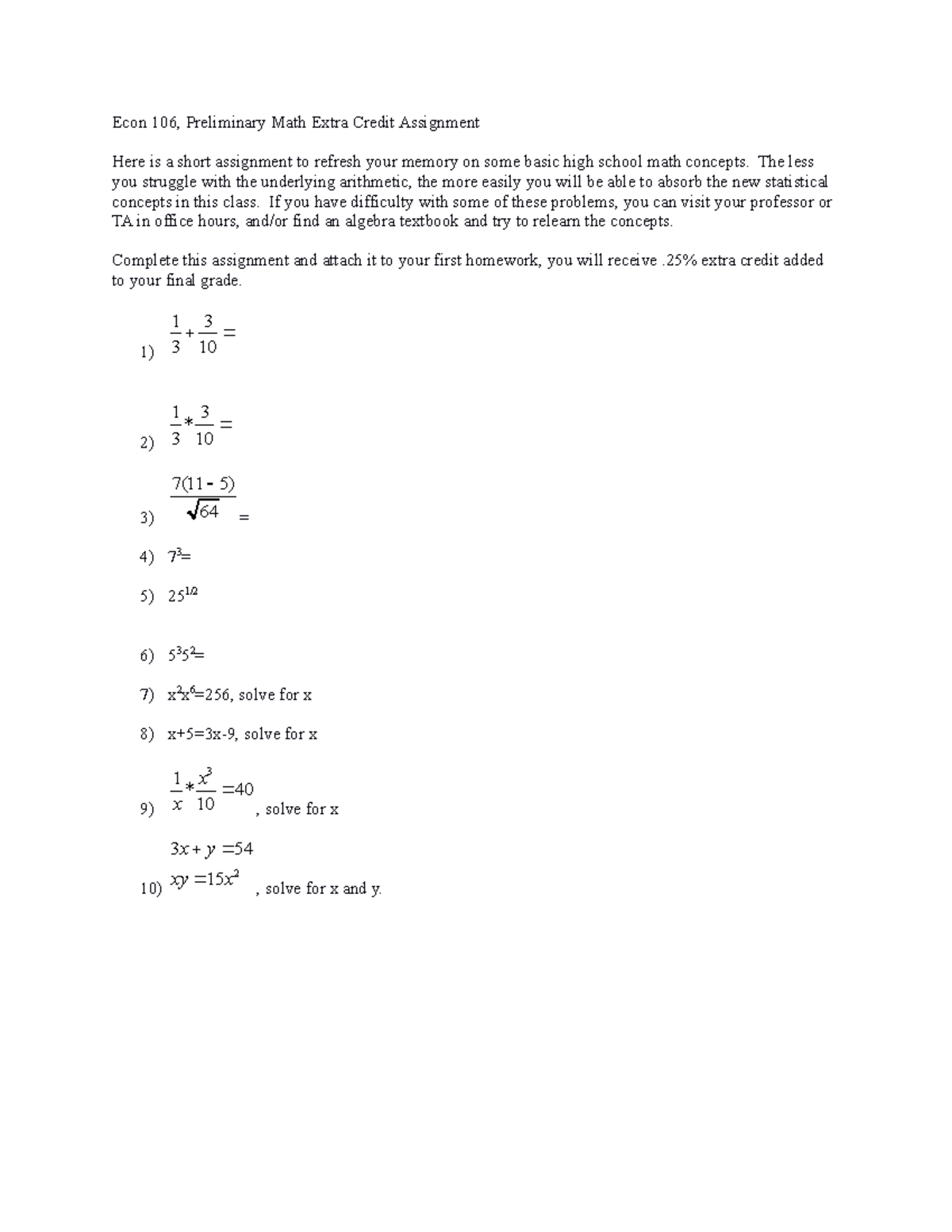 102EC - answer key - Econ 106, Preliminary Math Extra Credit Assignment ...