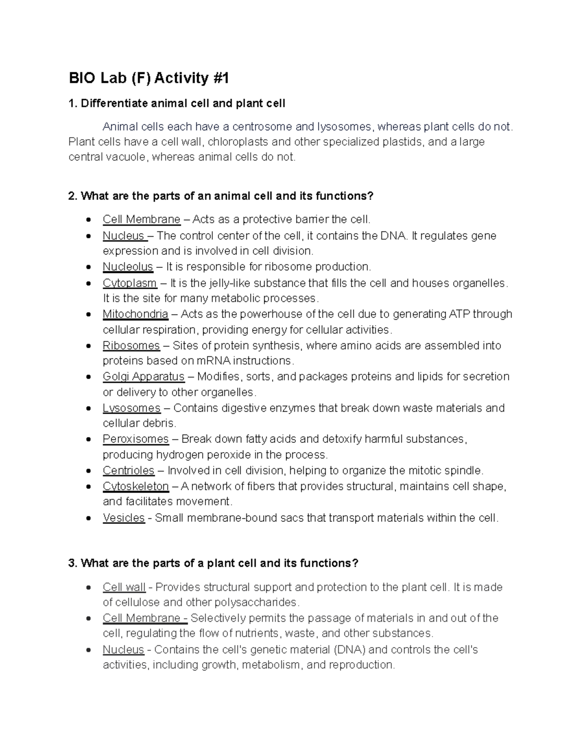 BIO Lab F Activity 1 - BIO Lab (F) Activity Differentiate animal cell ...