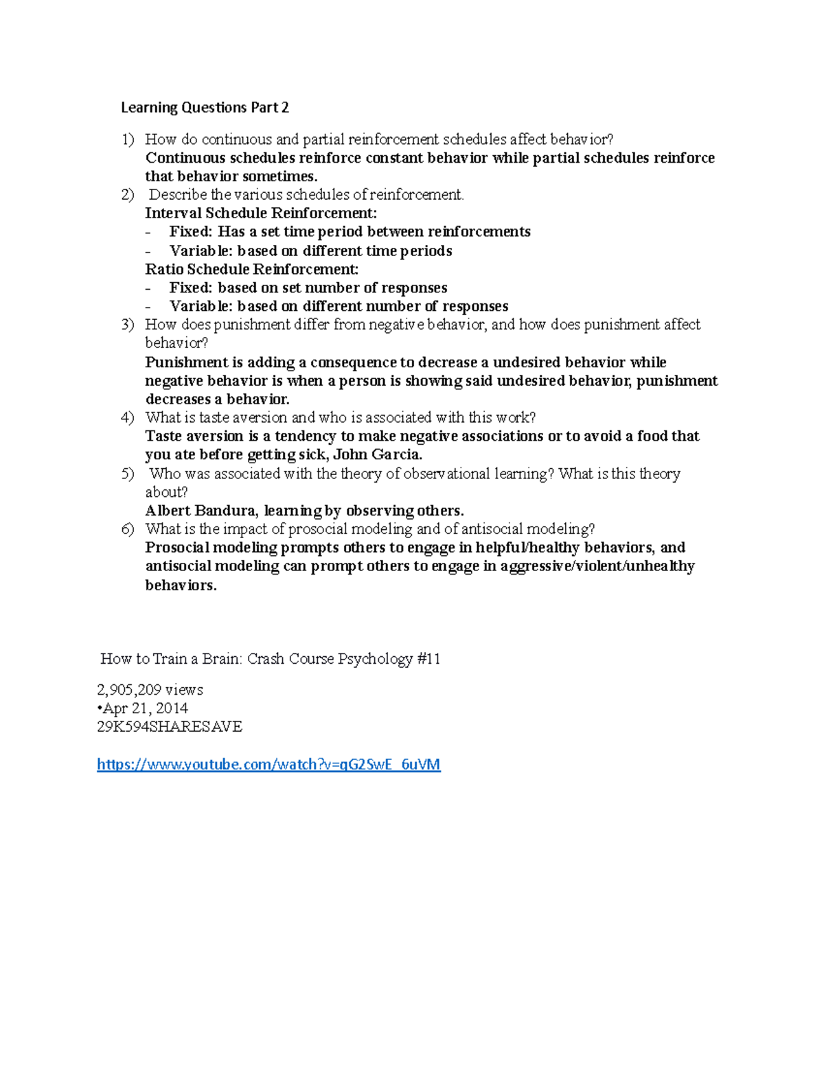 Learning Questions Part 2 - Describe the various schedules of ...