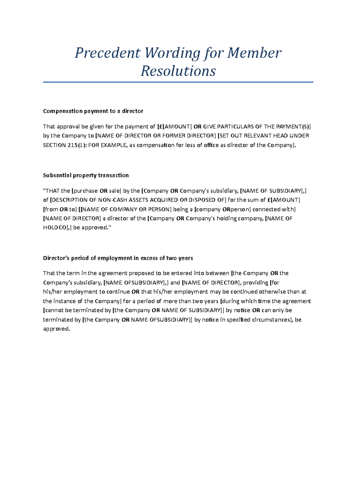 Precedent Wording for Member Resolutions - Precedent Wording for Member ...