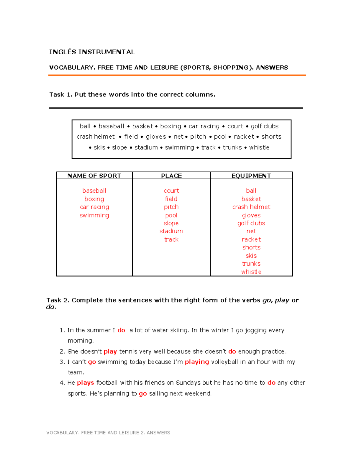 Vocabulary. Free time and leisure 2 (Key) - INGLÉS INSTRUMENTAL ...