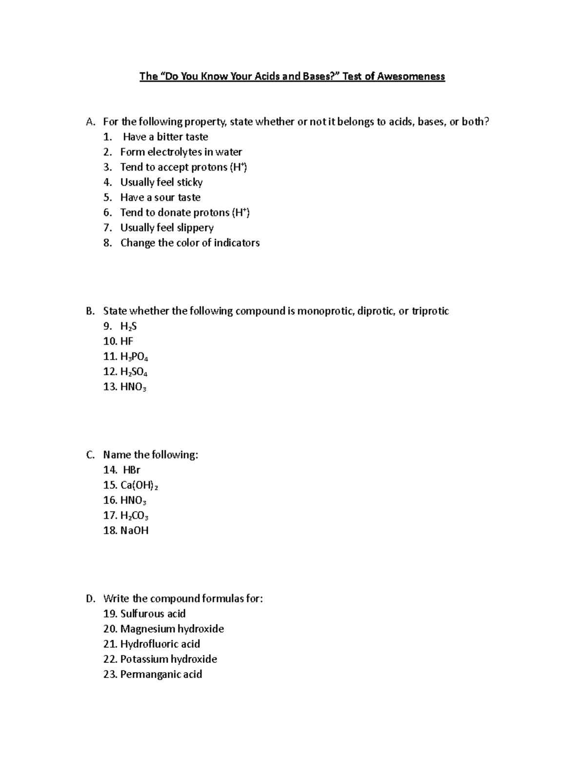 Acid base test - test on acids and bases - The “Do You Know Your Acids ...