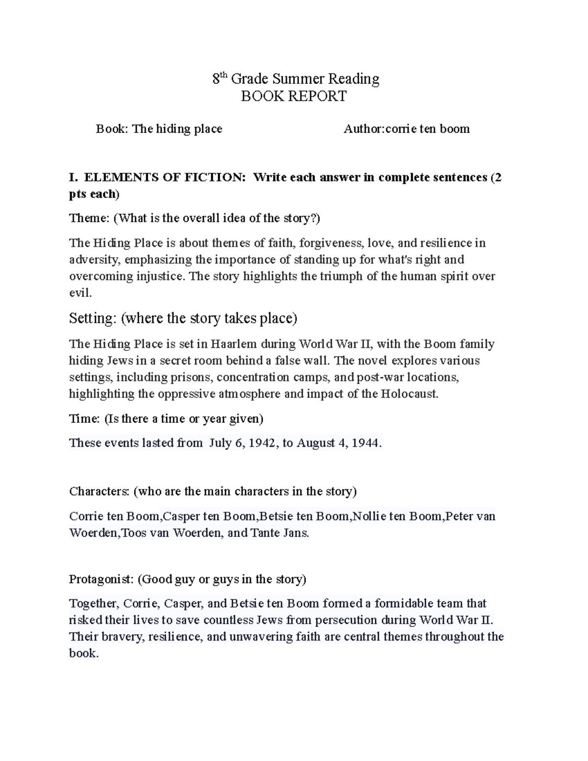 Book Report - Hidding Place-2 - 8 th Grade Summer Reading BOOK REPORT ...
