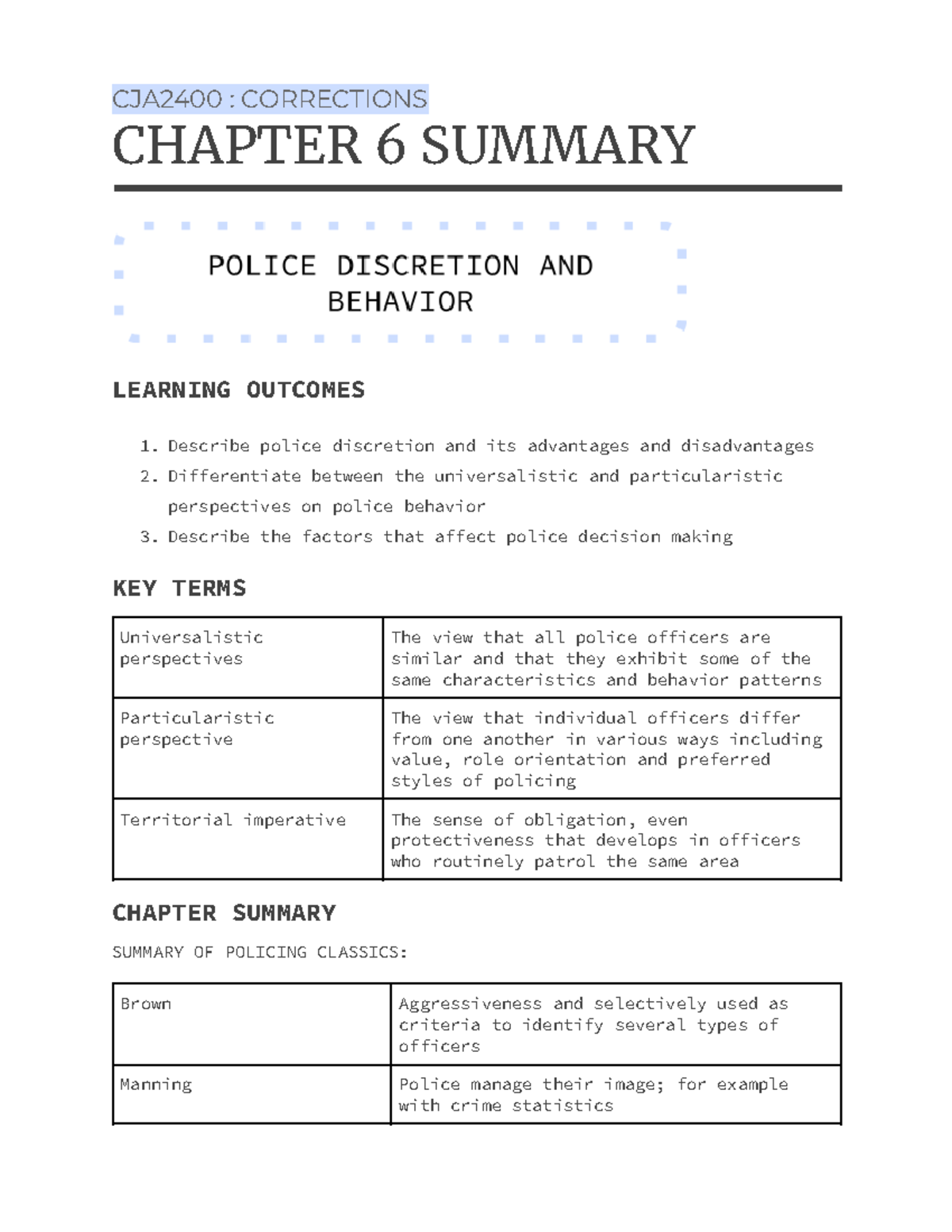 CJA2600 Summary 6 - Policing (Justice Series) - CJA2400 : CORRECTIONS CHAPTER 6 SUMMARY LEARNING ...