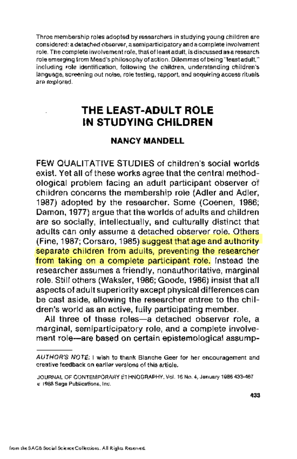 1988 - The Least Adult Role in Studying Children [retrieved 2024-10-07 ...