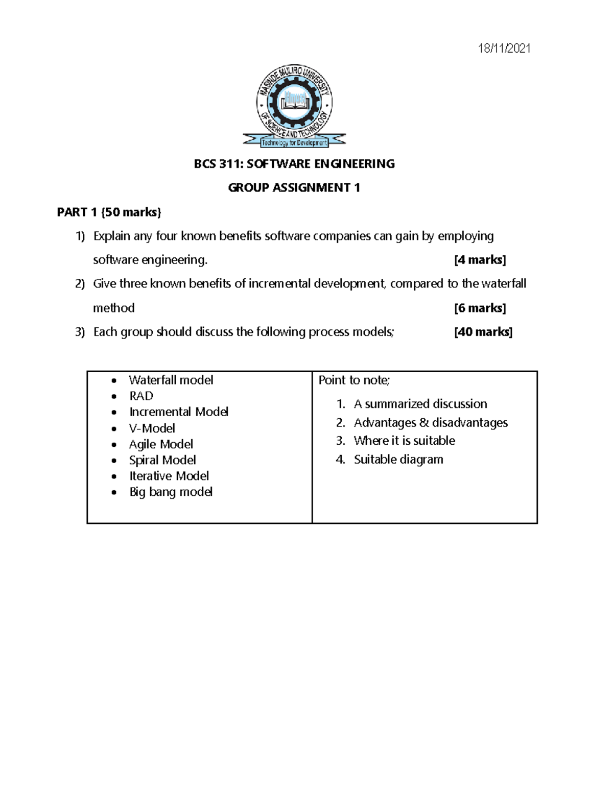 BCS 311 Assignment-1-2022 - 18/11/ BCS 311: SOFTWARE ENGINEERING GROUP ASSIGNMENT 1 PART 1 {50 ...