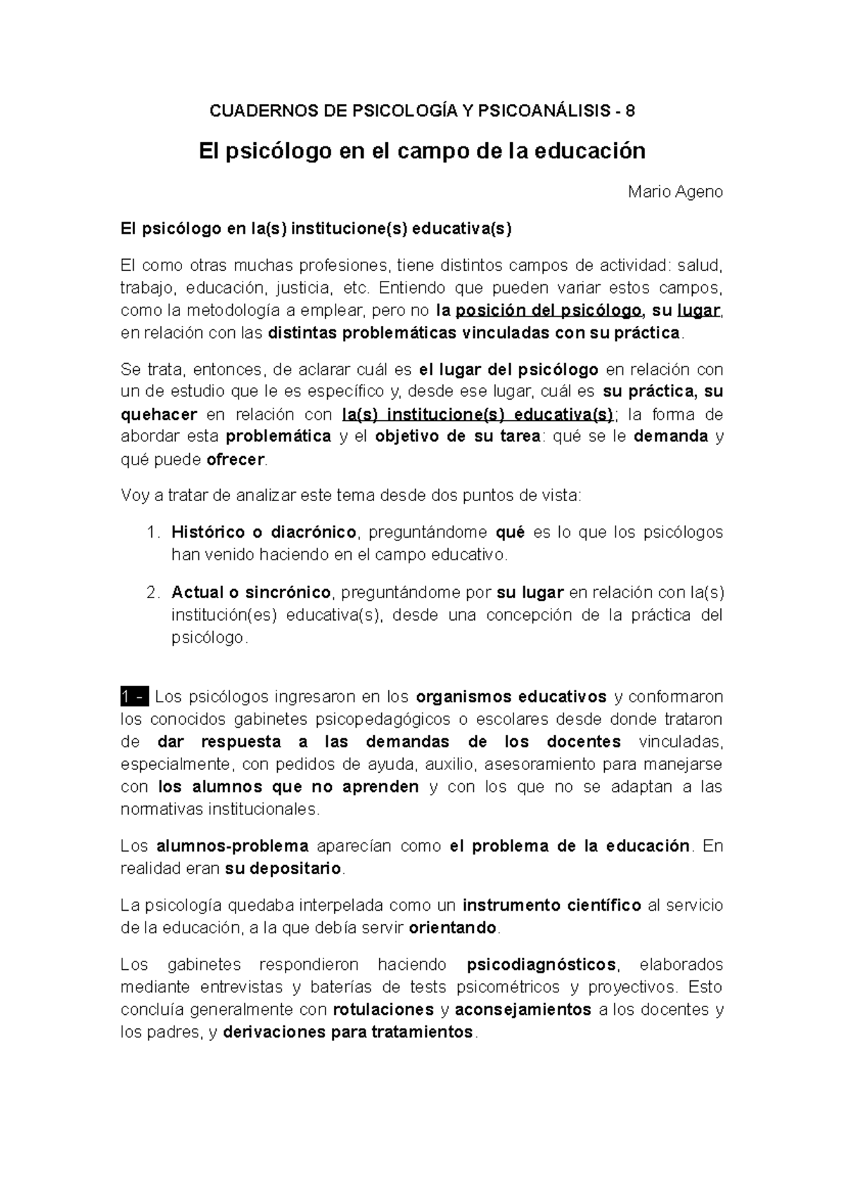 mario Ageno - El psicólogo en el campo de la educación 3 - CUADERNOS DE ...