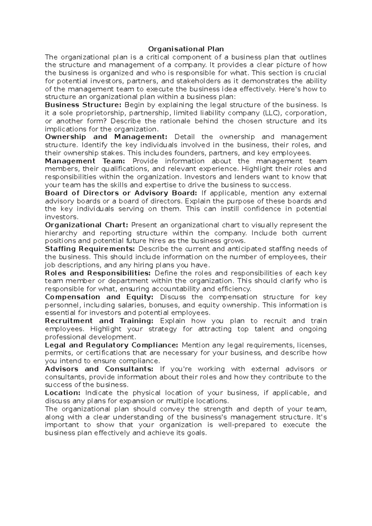 Organizational plan - Fianncial and organisational plan ...
