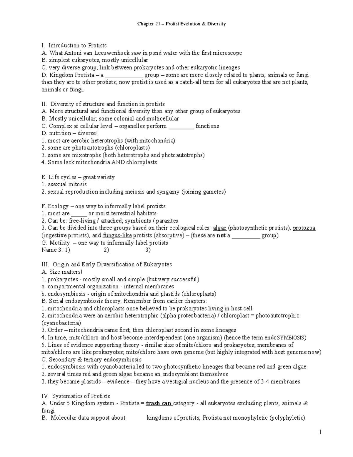 Chapter 21 notes - Grover Brown - Chapter 21 Protist Evolution ...