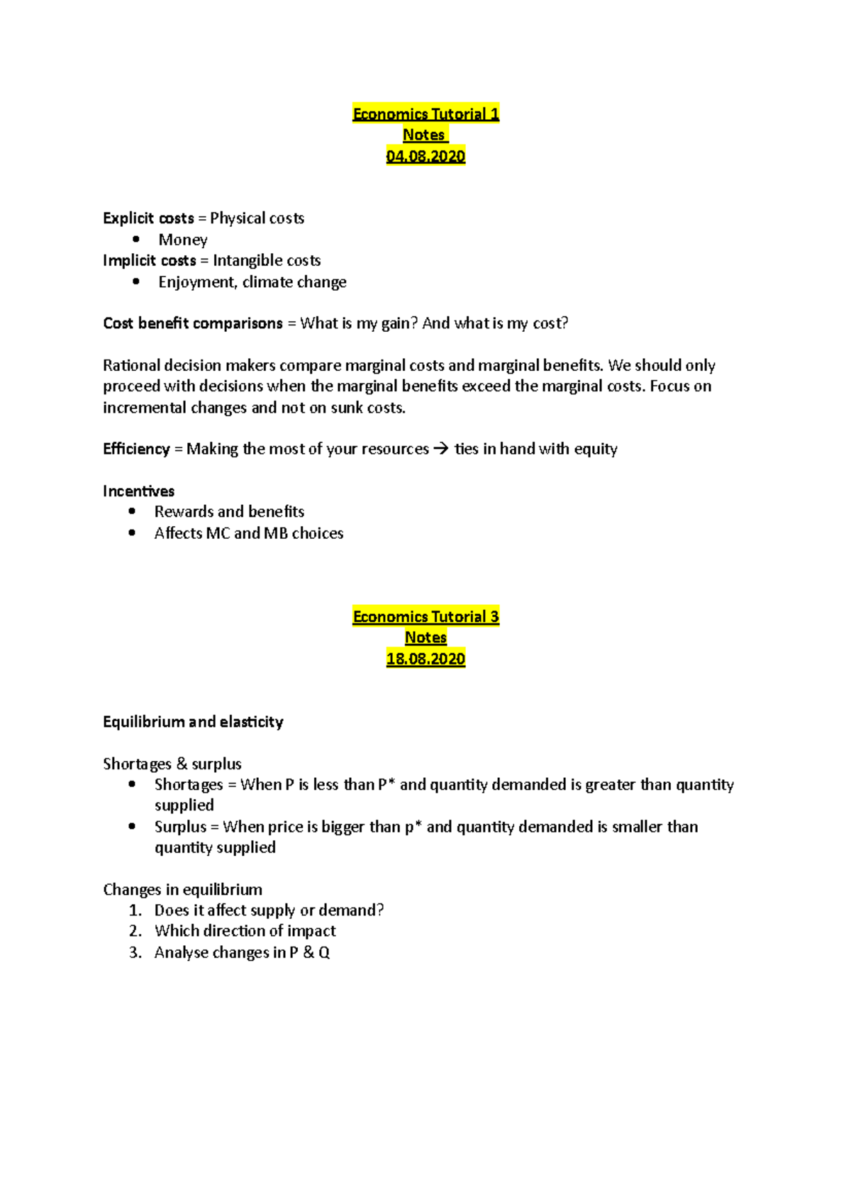 Economics for business tutorial notes and work - Economics Tutorial 1 ...