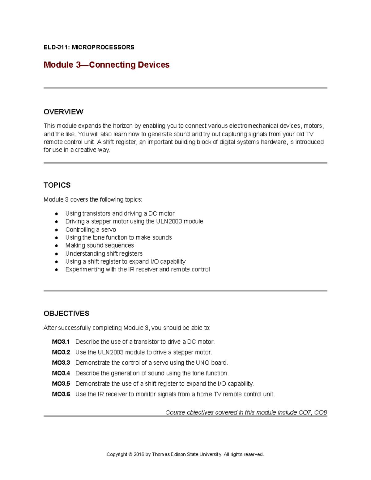 Module 3 ELD-311-jul16 - ELD-311: MICROPROCESSORS Module 3—Connecting ...