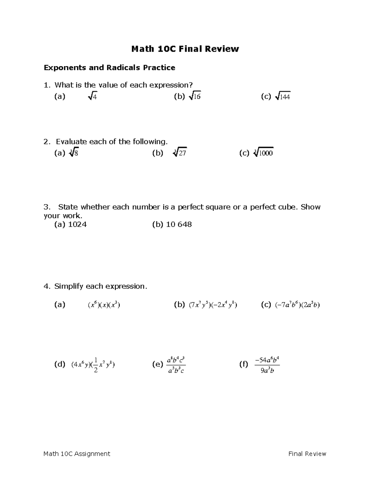 Math 10C Final Review w ans v2 - Math 10C Final Review Exponents and ...