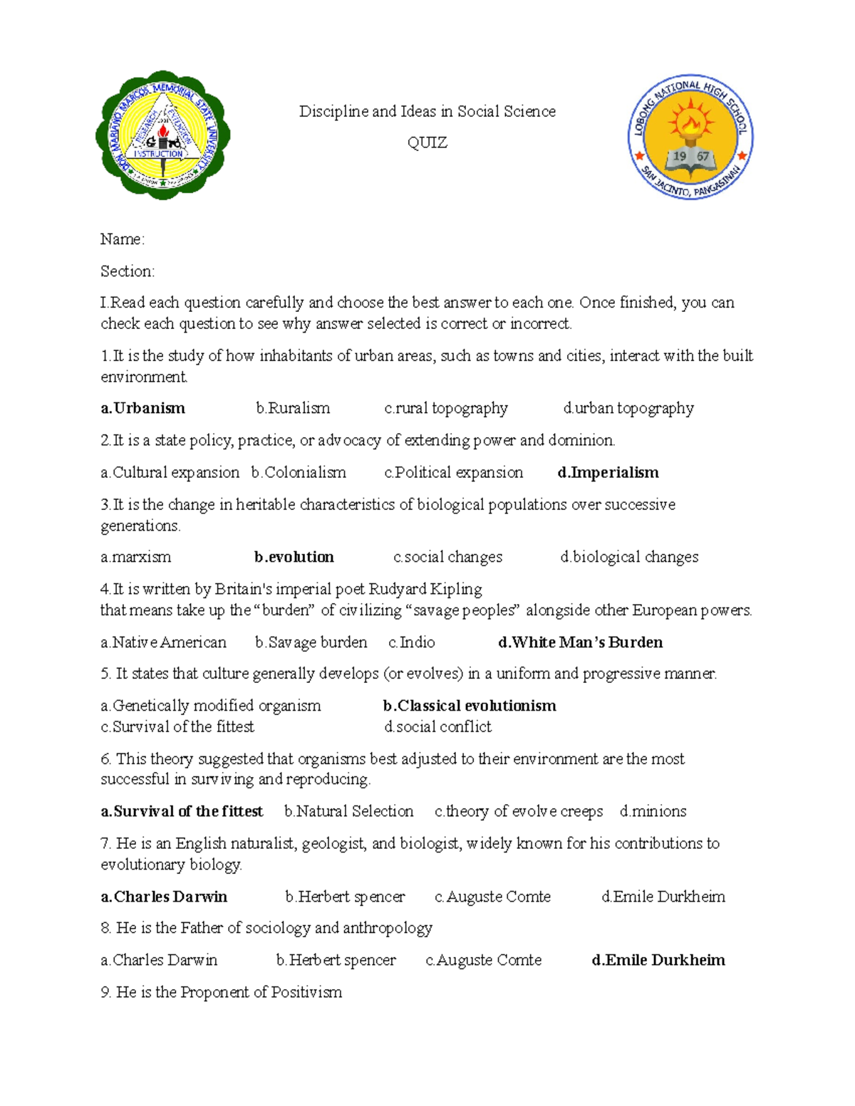 Quiz - QUIZ ITEM - Discipline and Ideas in Social Science QUIZ Name ...
