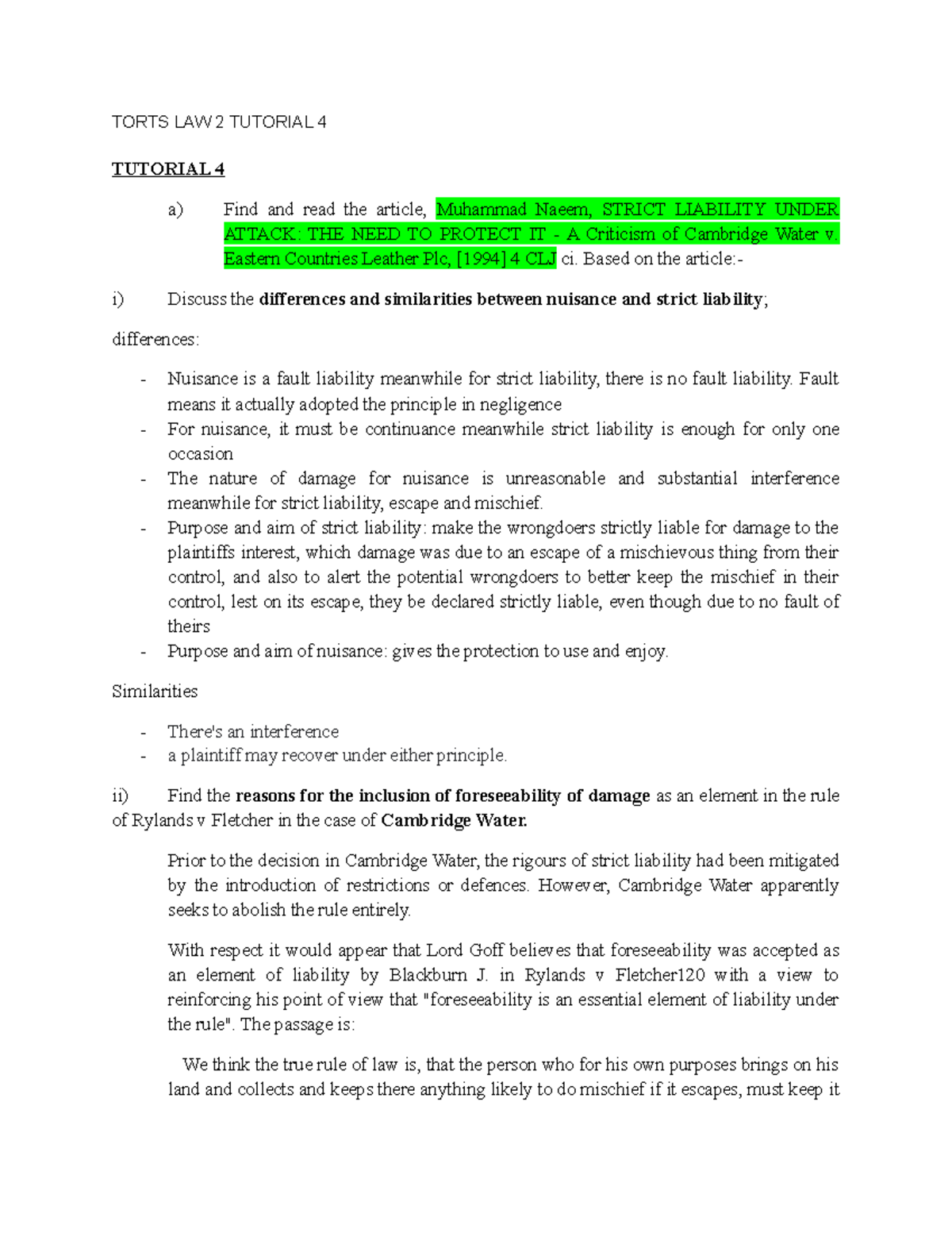 Torts LAW 2 Tutorial 4 - TORTS LAW 2 TUTORIAL 4 TUTORIAL 4 a) Find and read the article ...