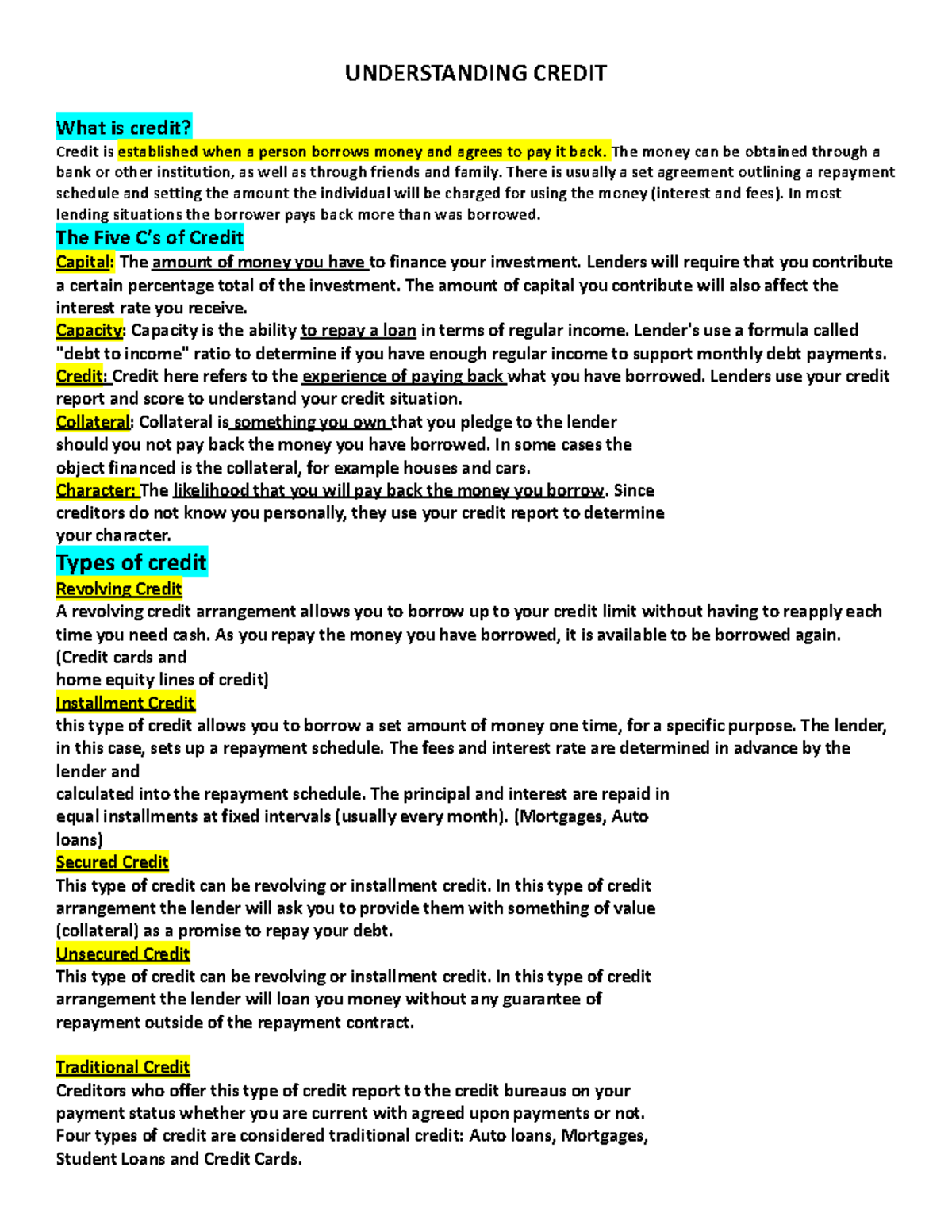 Midterm Reviewer - UNDERSTANDING CREDIT What is credit? Credit is ...