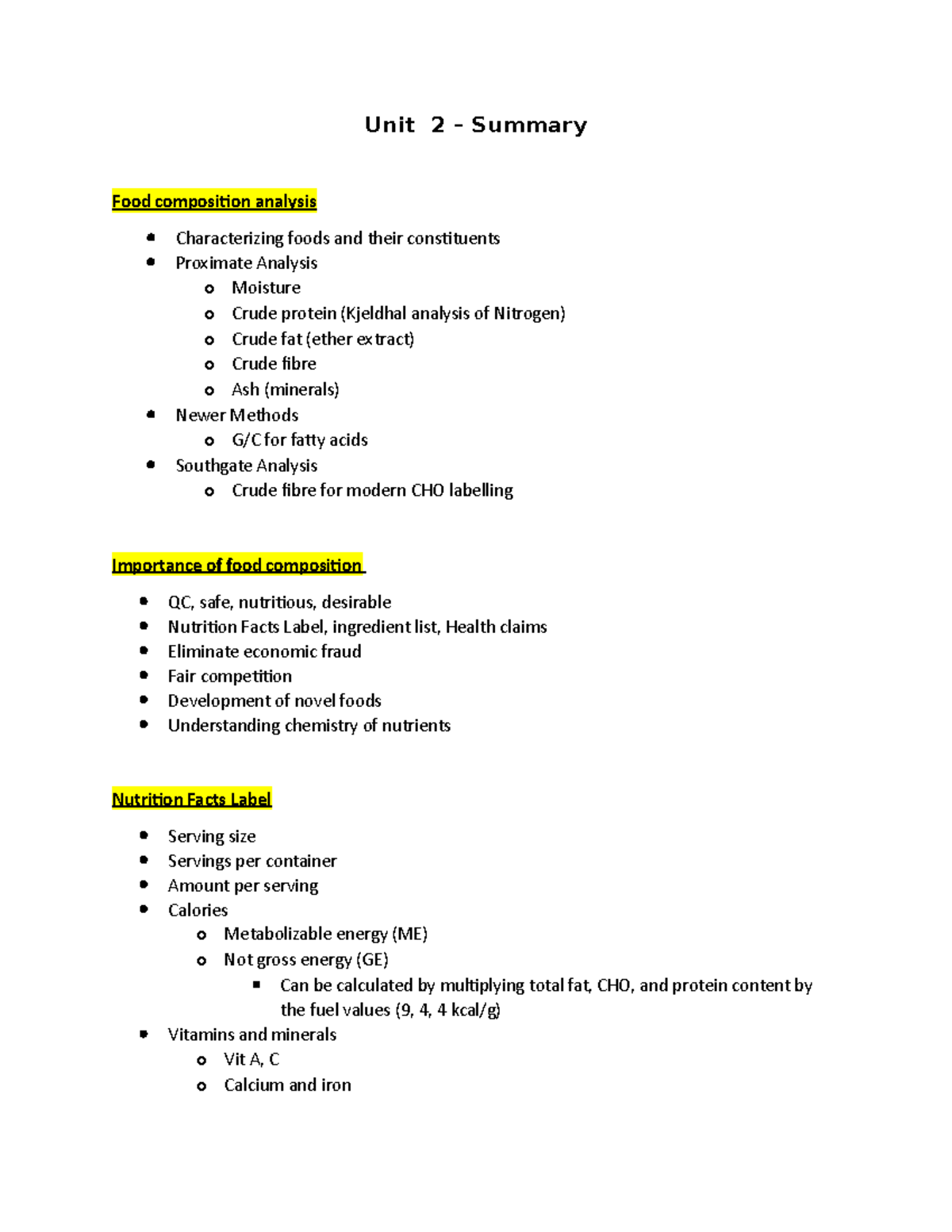 Unit-2-Summary nutrition 2020 notes - Unit 2 – Summary Food composition ...