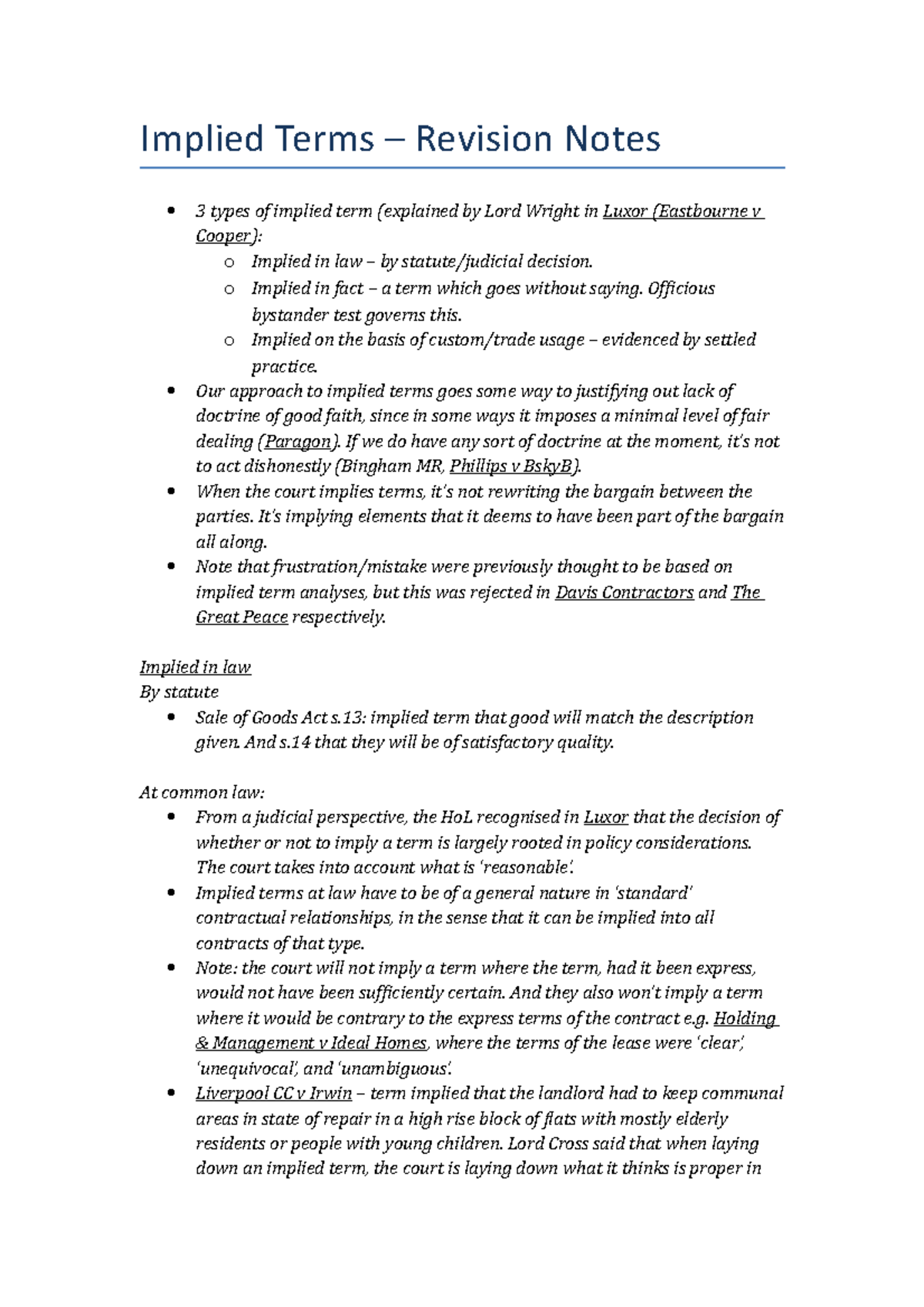 Implied Terms -Revision - Implied Terms – Revision Notes 3 types of ...