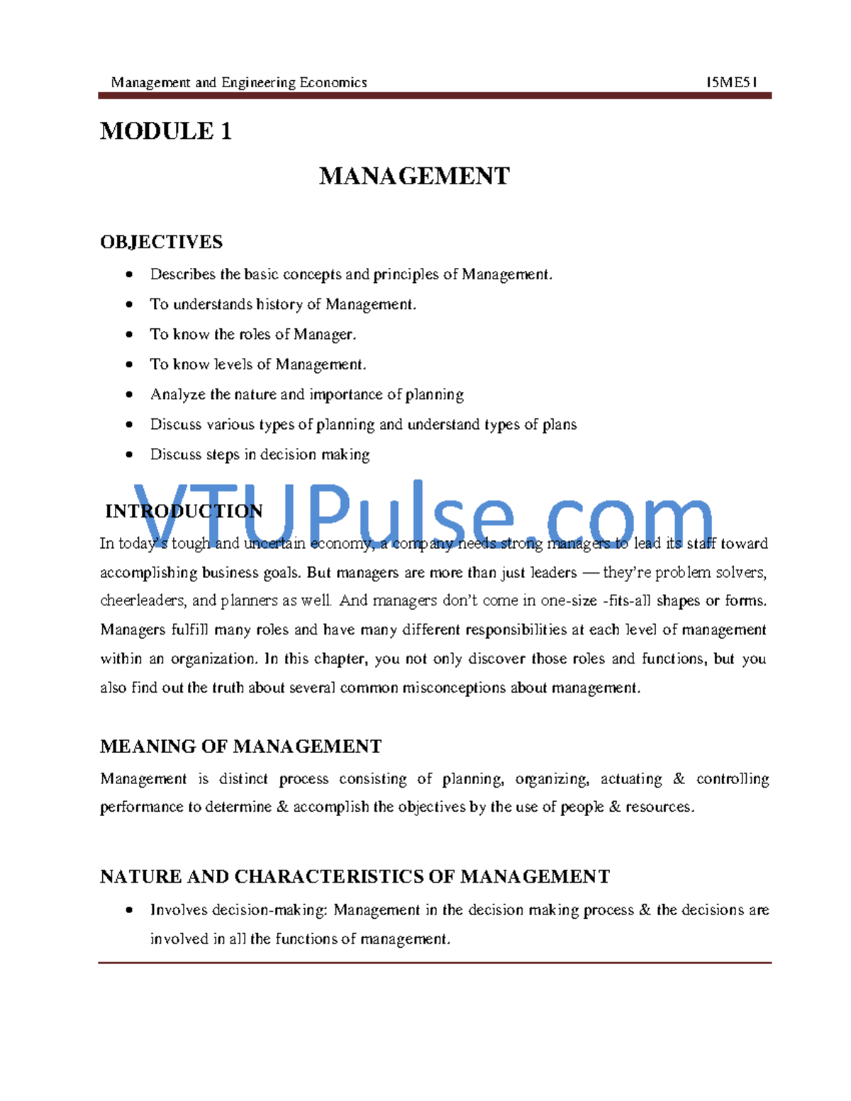 18ME51 ME Mod 1 - VTUPulse MODULE 1 MANAGEMENT OBJECTIVES Describes the basic concepts and - Studocu