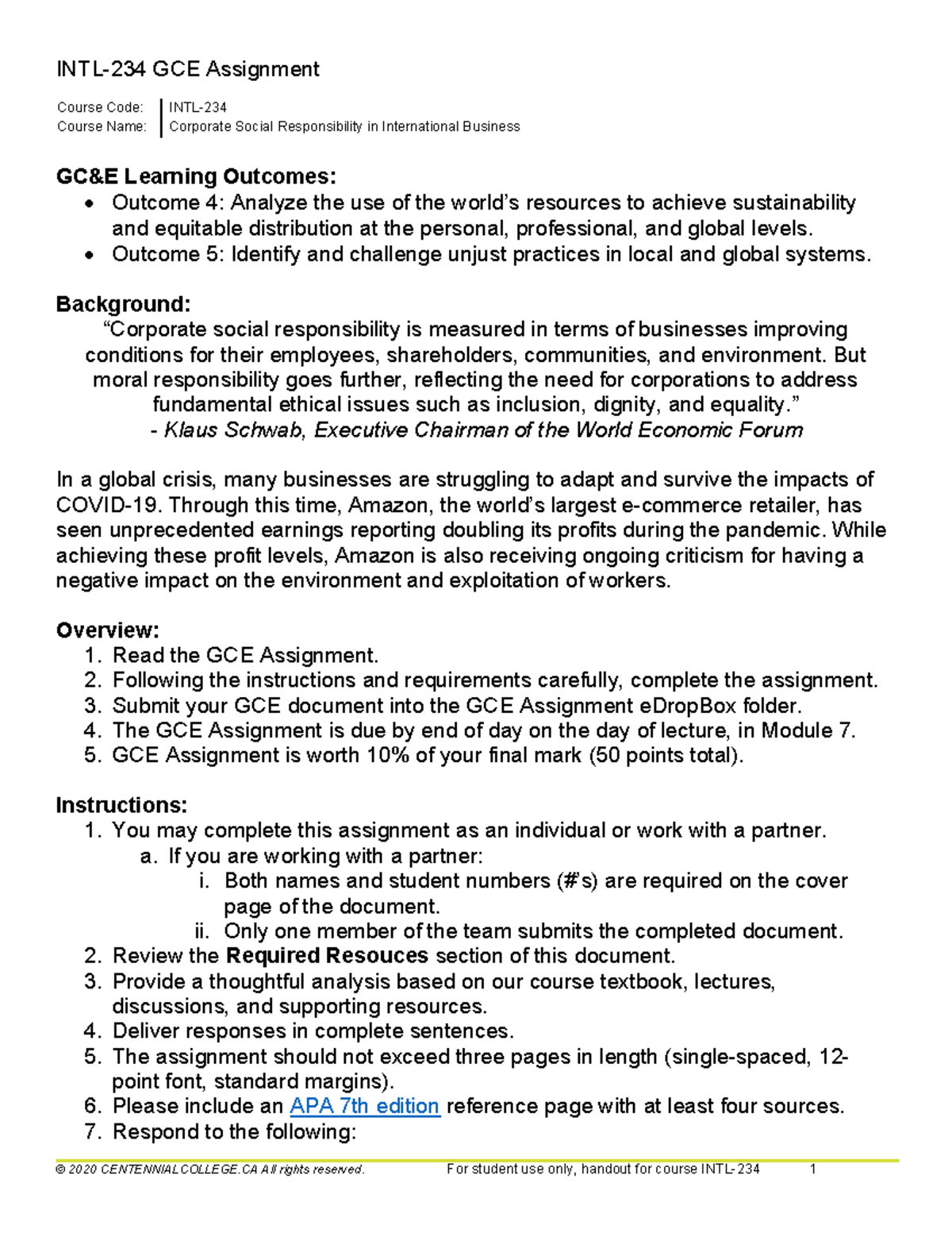 GCE Assignment - INTL-234 GCE Assignment Course Code: INTL- Course Name ...