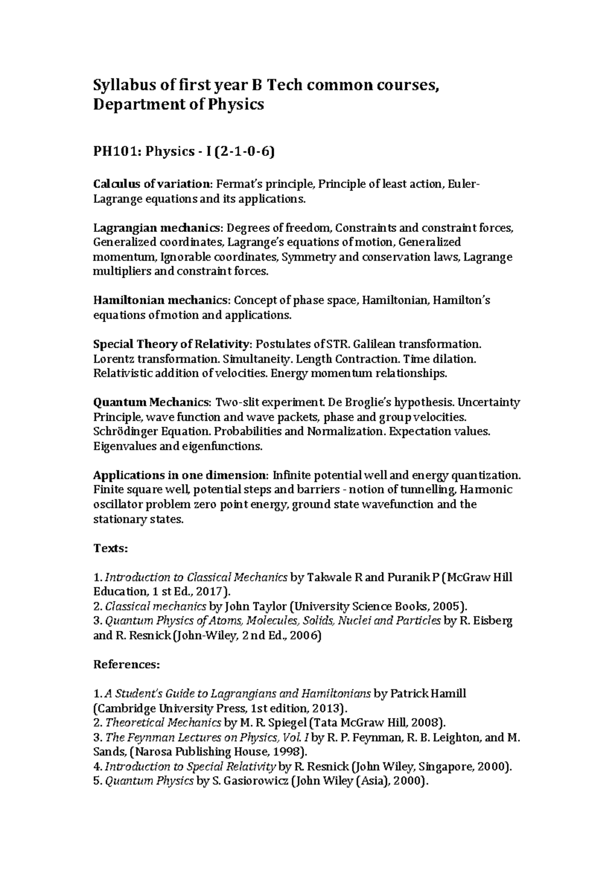 Physics BTech first year syllabus ...