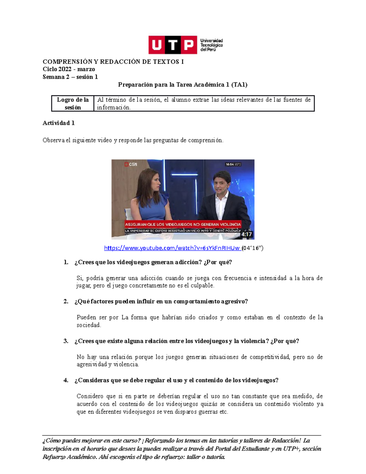 Preparacion para la TA1 grupo 11 textos - COMPRENSIÓN Y REDACCIÓN DE ...