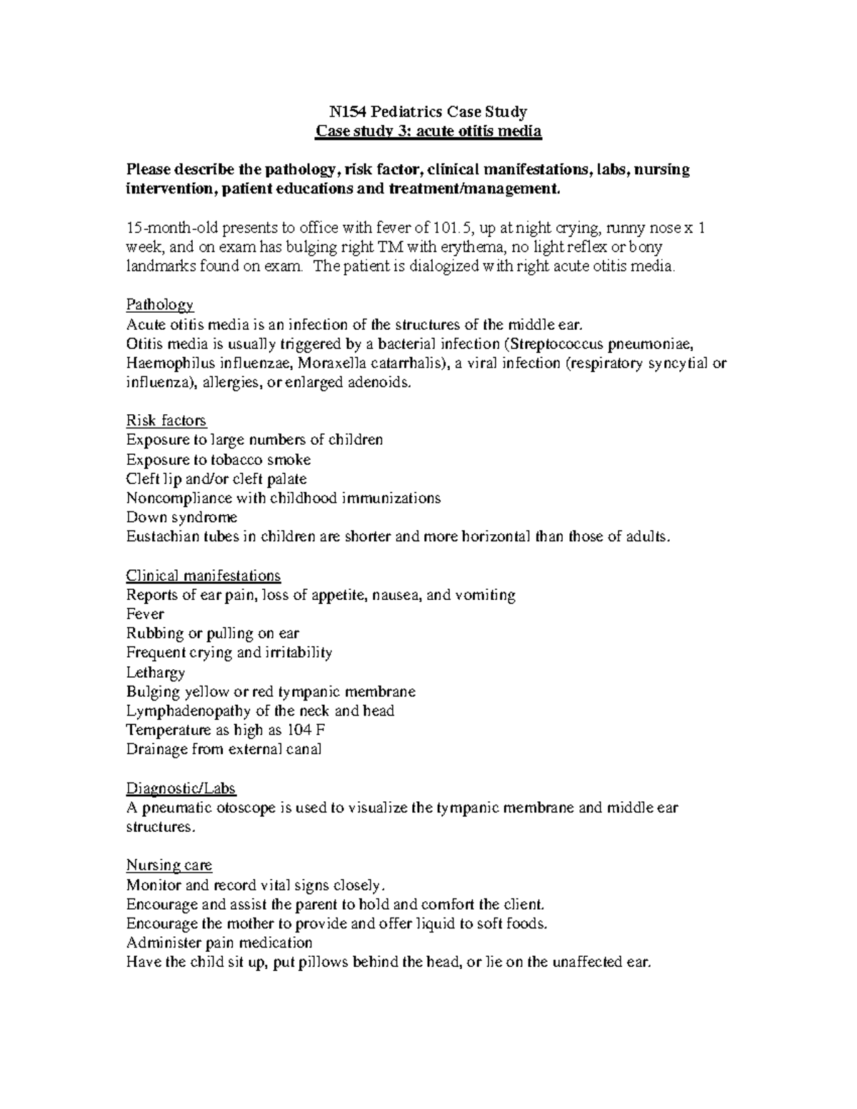 N154 peds Case Study 3 - peds - N154 Pediatrics Case Study Case study 3 ...