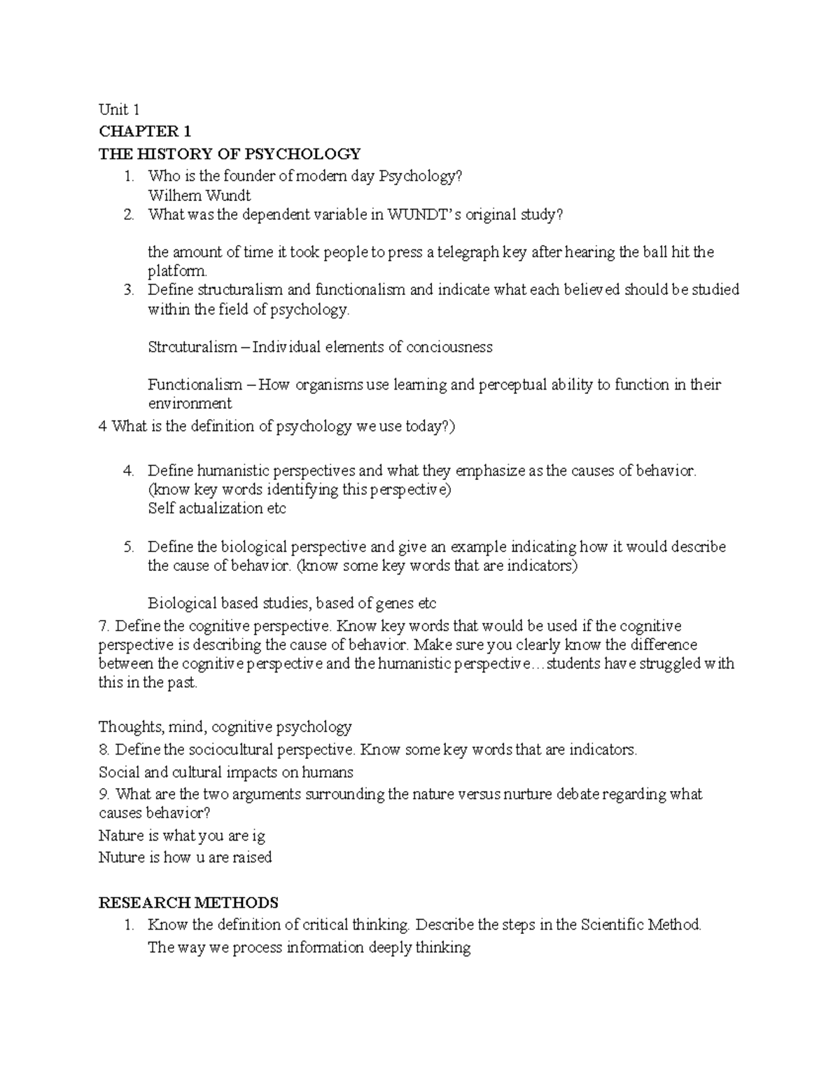 Cumulative Study Guide - Unit 1 CHAPTER 1 THE HISTORY OF PSYCHOLOGY 1 ...