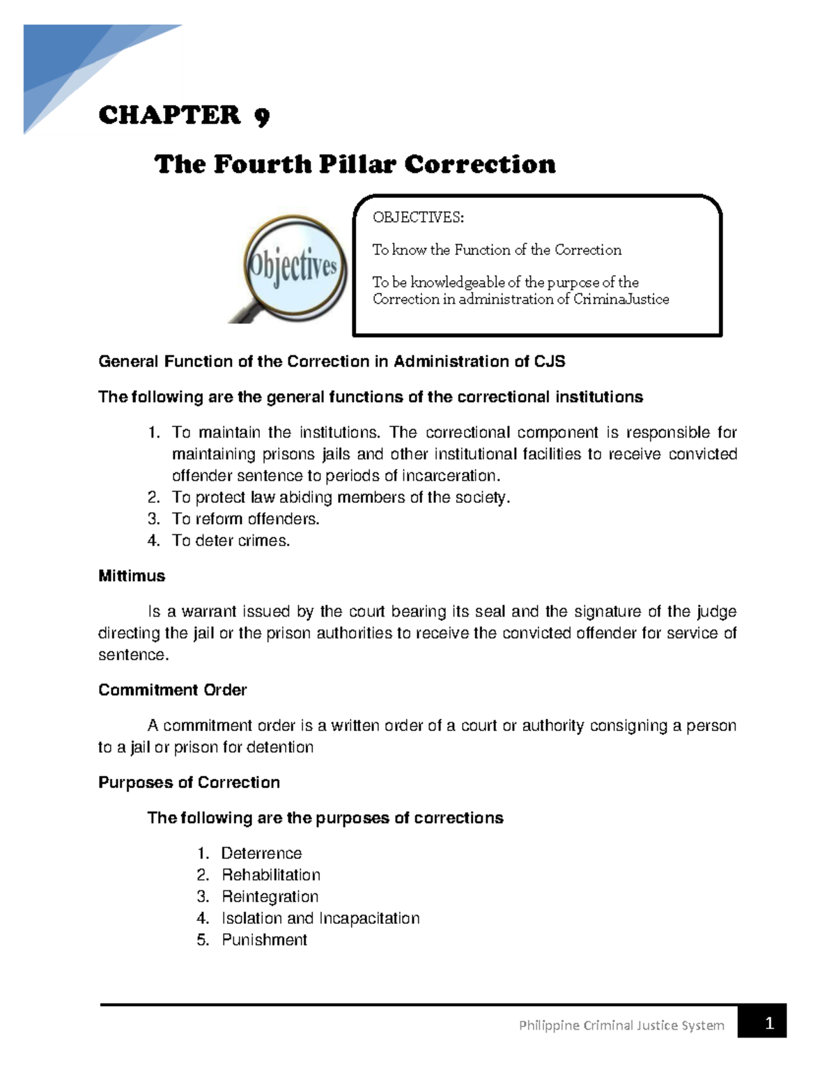 Chapter 9 - Summary Bachelor of science in criminology - CHAPTER 9 The Fourth Pillar Correction ...