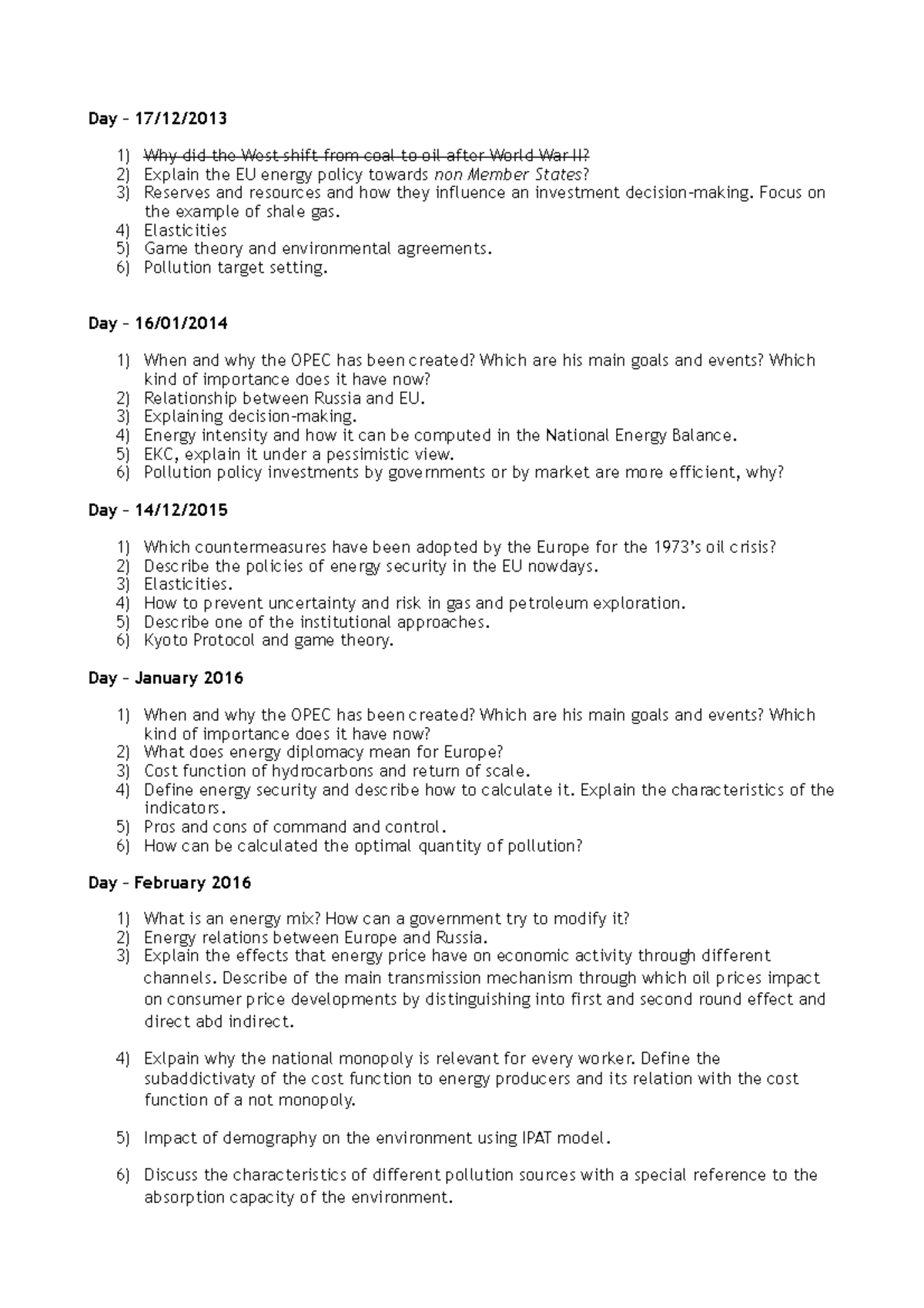 Exam Questions: Energy, Environement and European Security - Day – 17 ...