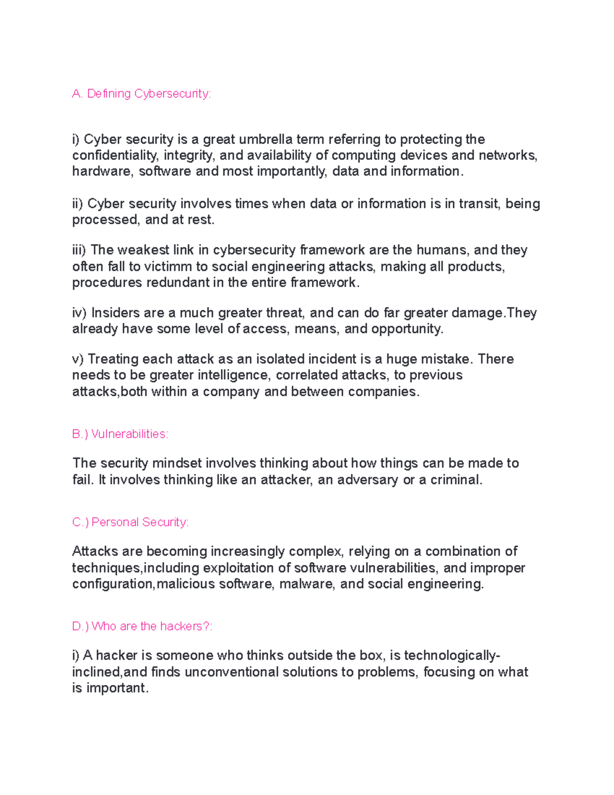 2 - Lecture notes 1-2 - A. Defining Cybersecurity: i) Cyber security is ...