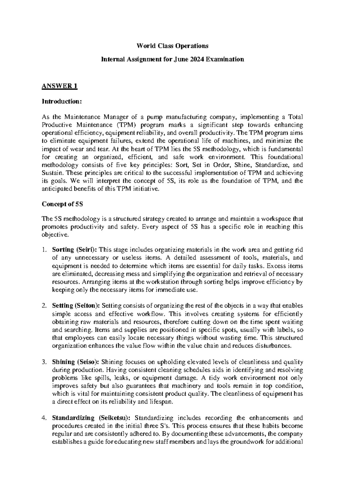 World Class Operations - World Class Operations Internal Assignment for ...